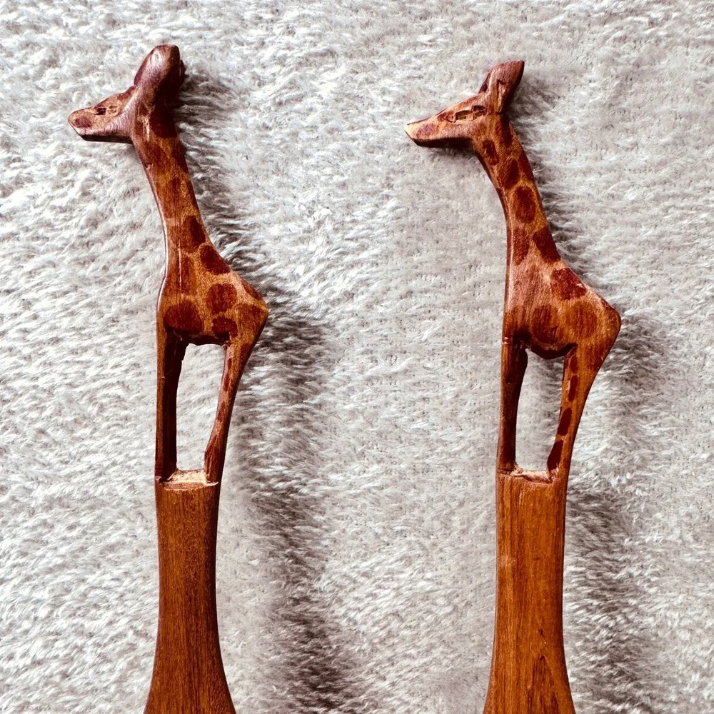 Dining | Vintage Wooden Salad Servers Giraffe Safari Handle Carved Wood ...